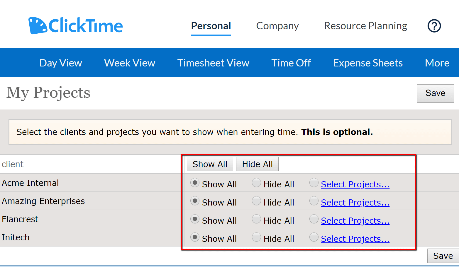Project, Task, and Leave Type Settings and Availability – ClickTime Support