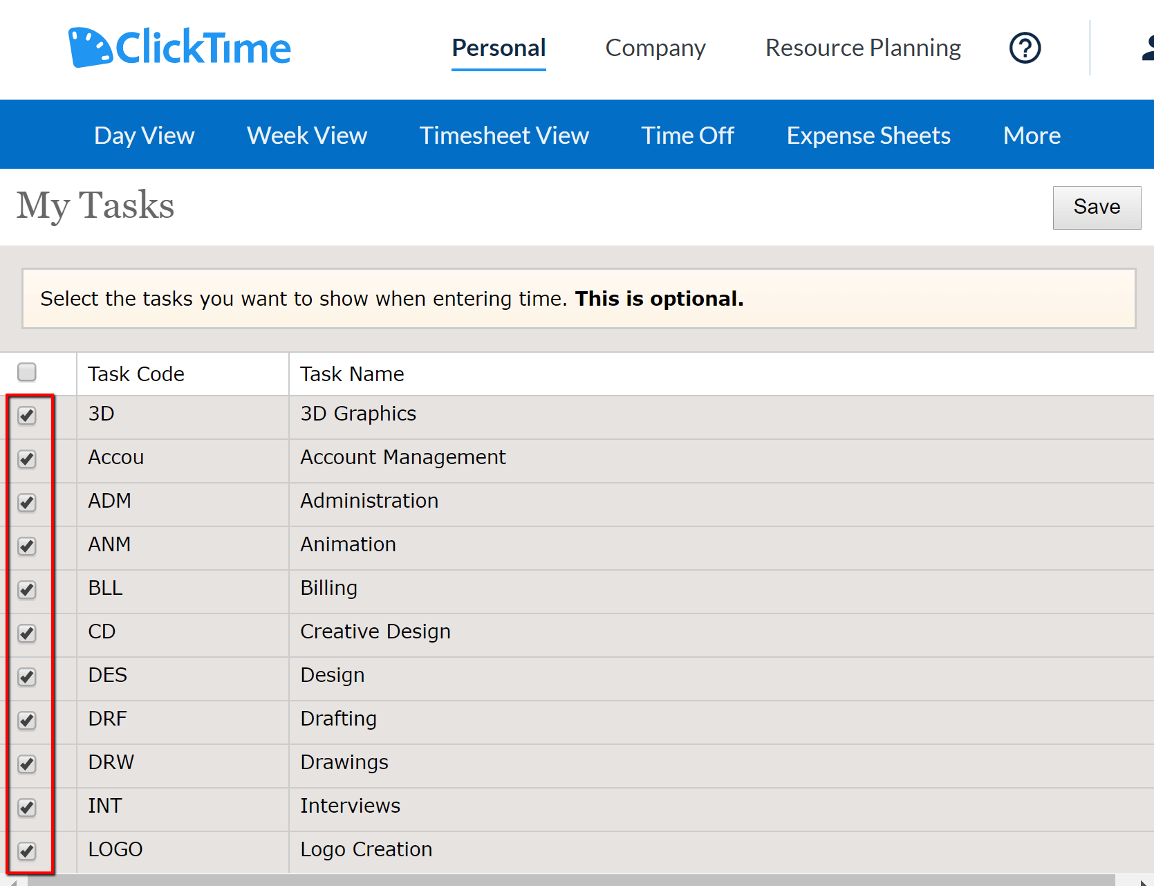 Project, Task, and Leave Type Settings and Availability – ClickTime Support