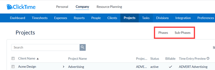 Using the Phases (Sub-Projects) Module – ClickTime Support