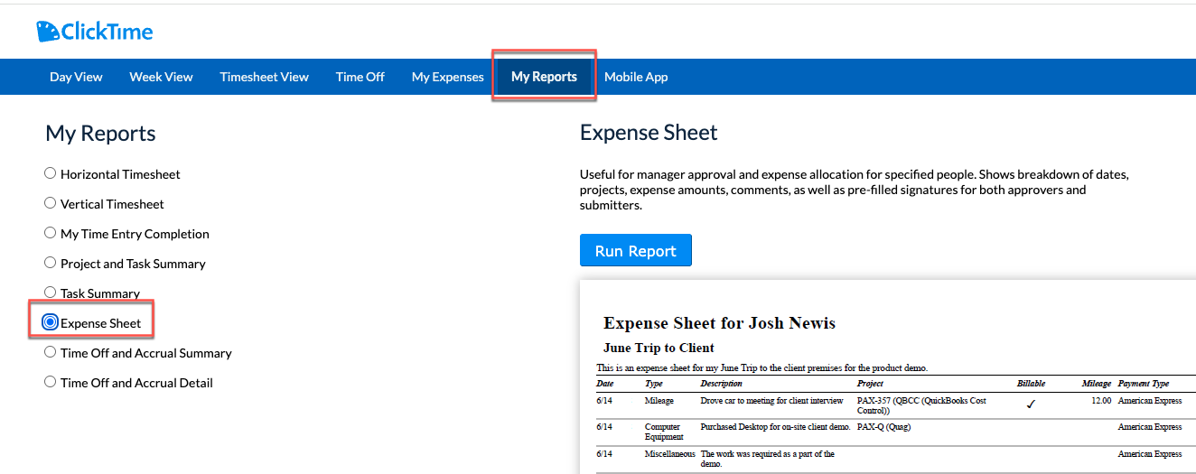 Expense Sheet Report – ClickTime Support