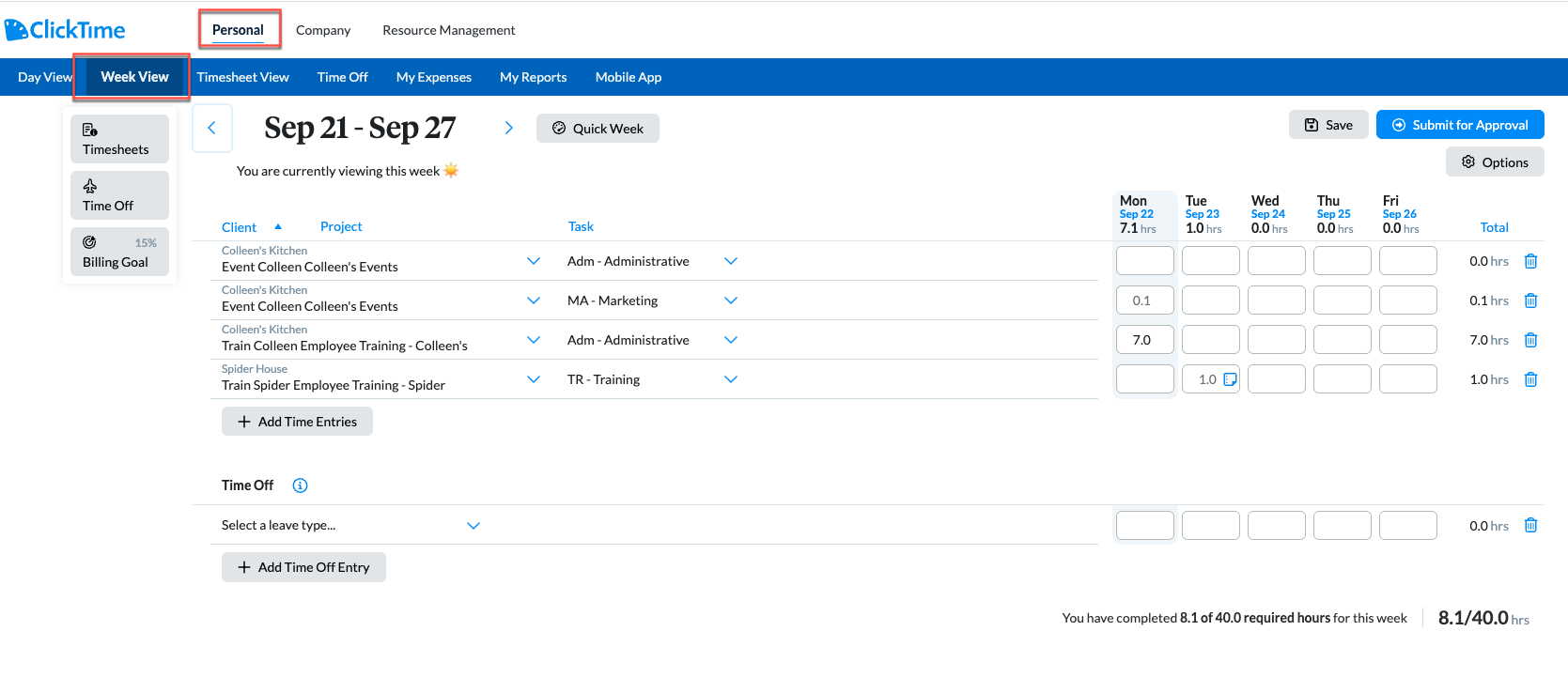 Week View: Entering Time – ClickTime Support