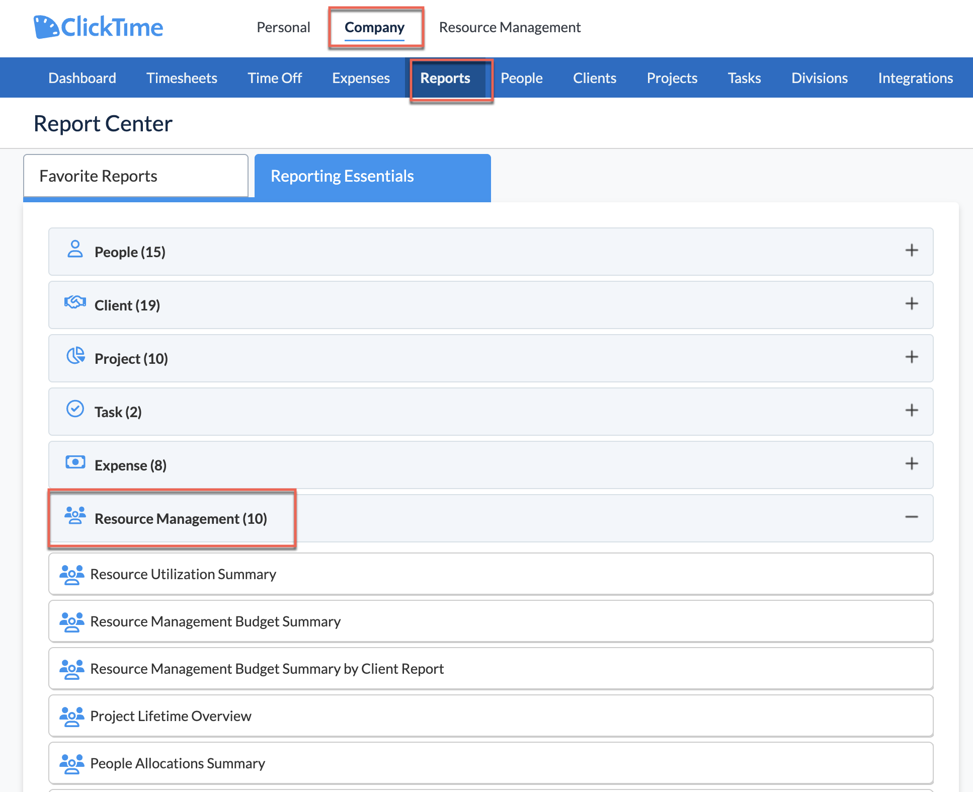 Resource Management Reporting Hub – ClickTime Support