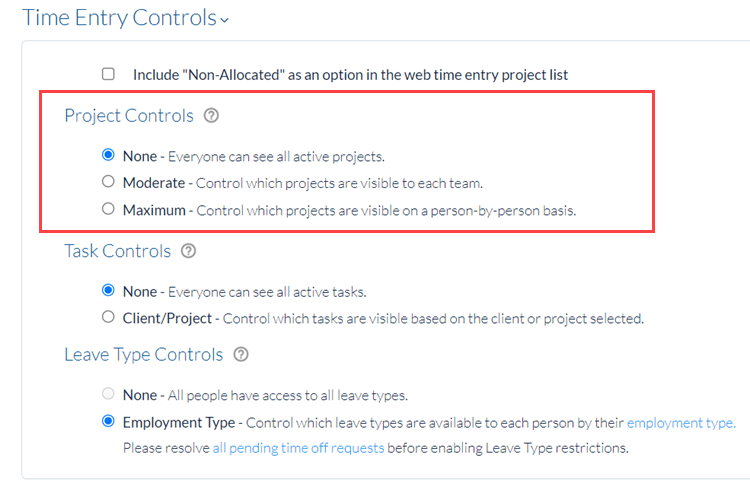 Project, Task, and Leave Type Settings and Availability – ClickTime Support