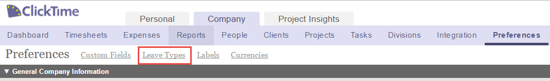 Project, Task, and Leave Type Settings and Availability – ClickTime Support